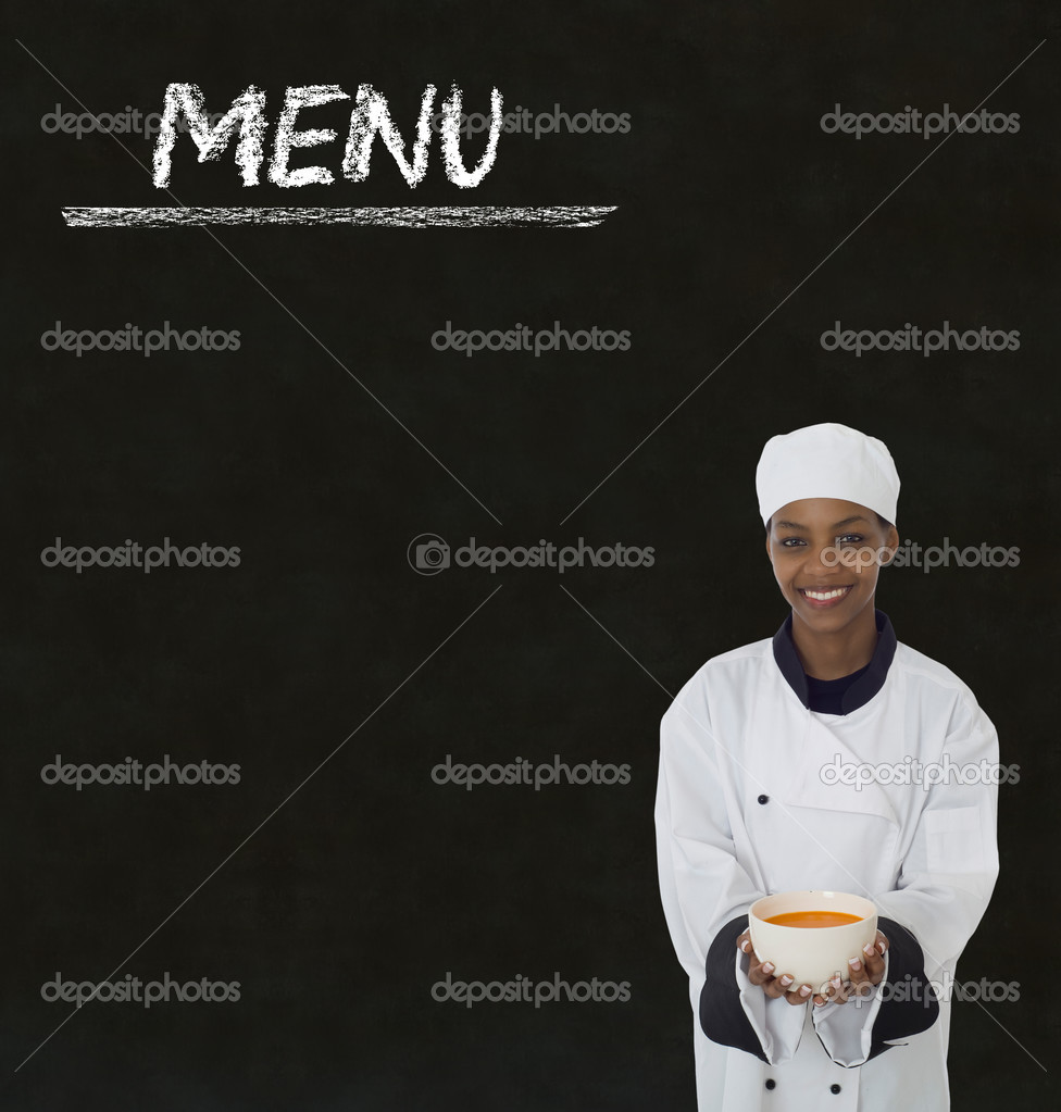 Chef with chalk menu sign on a blackboard background Stock Photo by ...