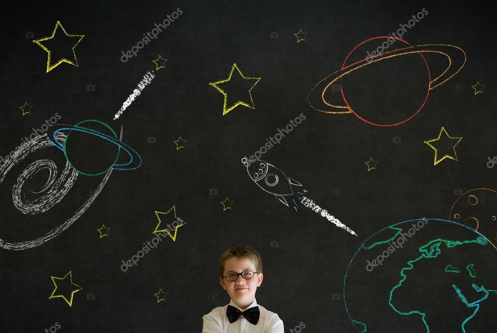 Thinking boy business man with chalk universe planet solar system on ...