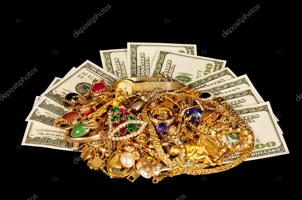 Cash With Gold Jewelry on Black Cloth Background Stock Photo by ...