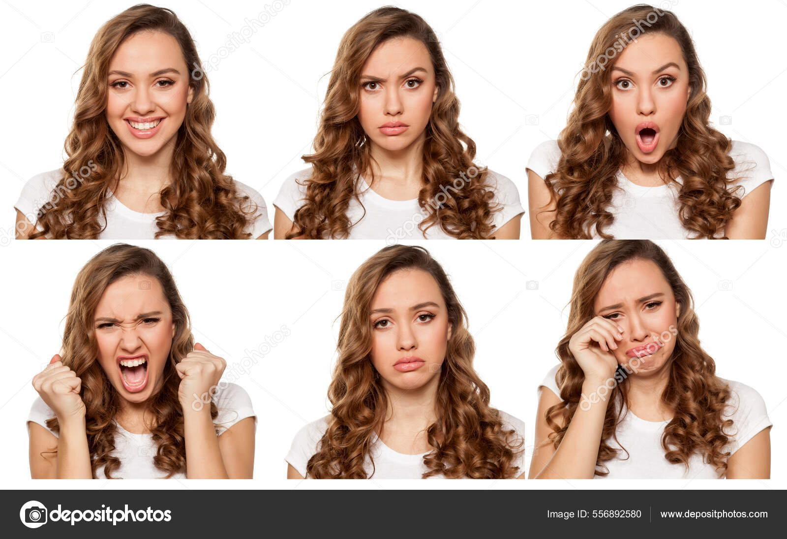 Collage Different Emotions One Young Woman Ona White Background Stock ...