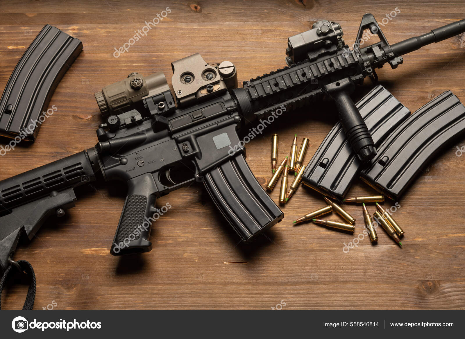 Rifle Optical Sight Ammunition Cartriges Wooden Table Stock Photo by ...