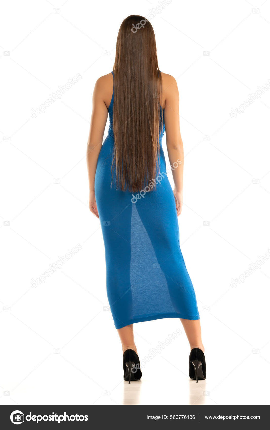 Back View Young Woman Long Transparent Blue Dress Standing White Stock ...