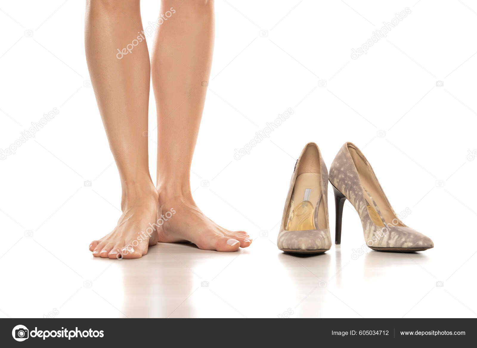 Front View Woman's Bare Feet High Heels White Studio Background Stock ...