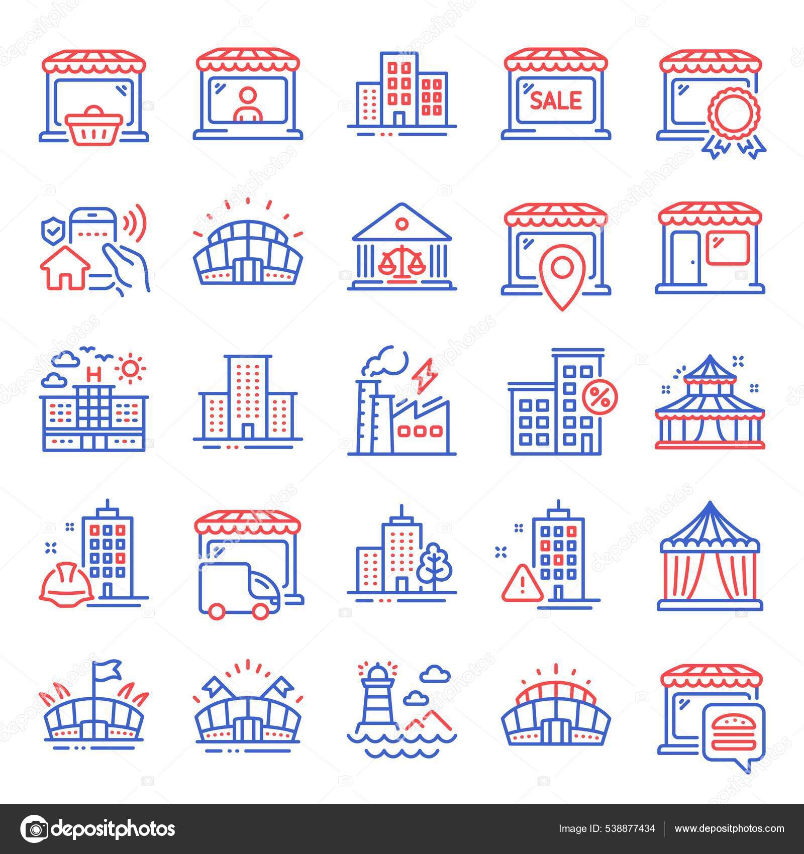 Buildings Icons Set Included Icon Arena Sports Stadium Lighthouse Signs ...