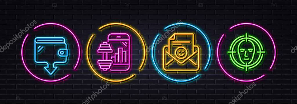 Wallet, Fitness app and Smile minimal line icons. Neon laser 3d lights ...