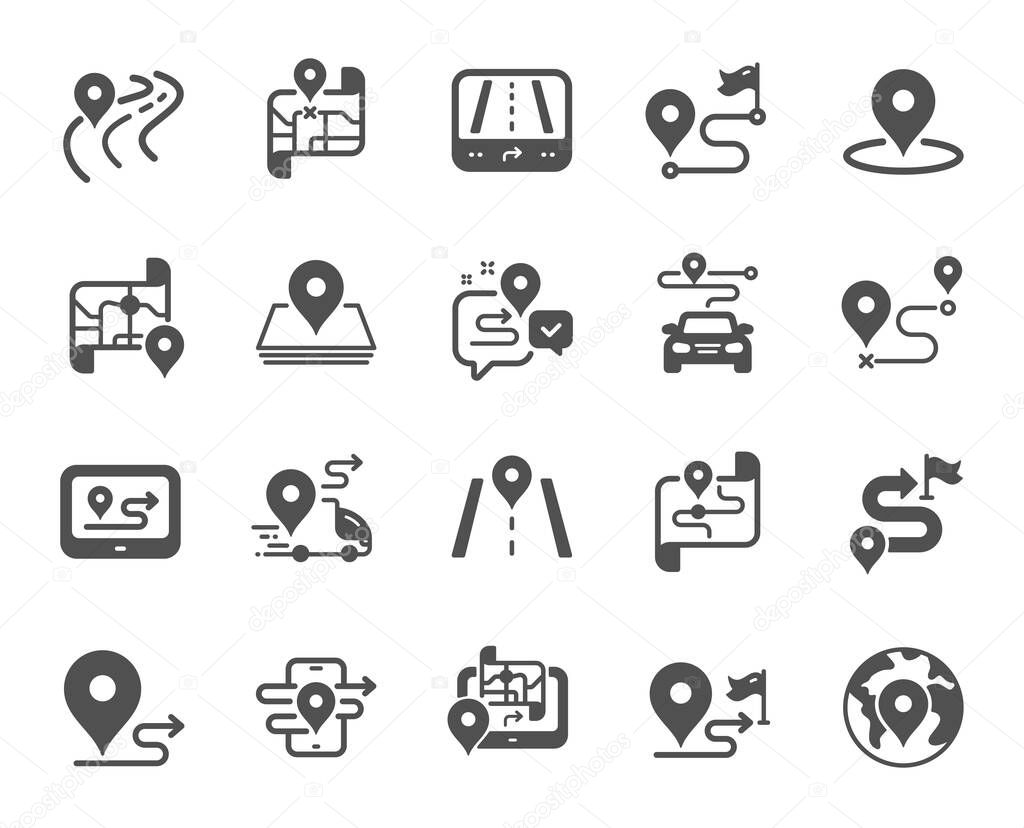 Iconos de hoja de ruta. Ruta de viaje, mapa de ruta y distancia de ...