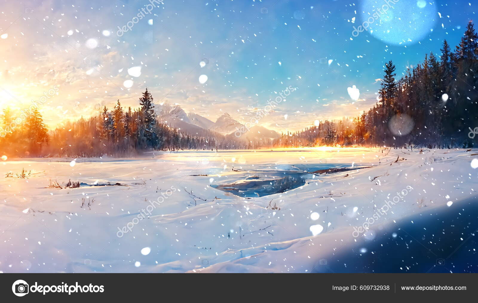 Winter Forest Pink Sunset Frozen Lake Snow Flakes Fall Pink — Stock ...