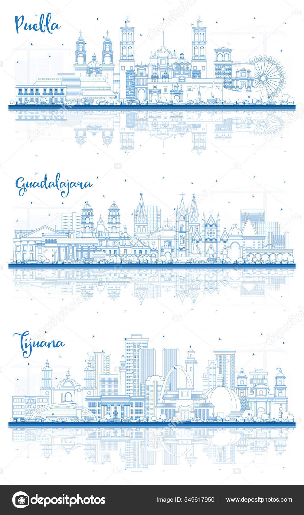 Outline Guadalajara Tijuana Puebla Mexico City Skyline Set Blue ...