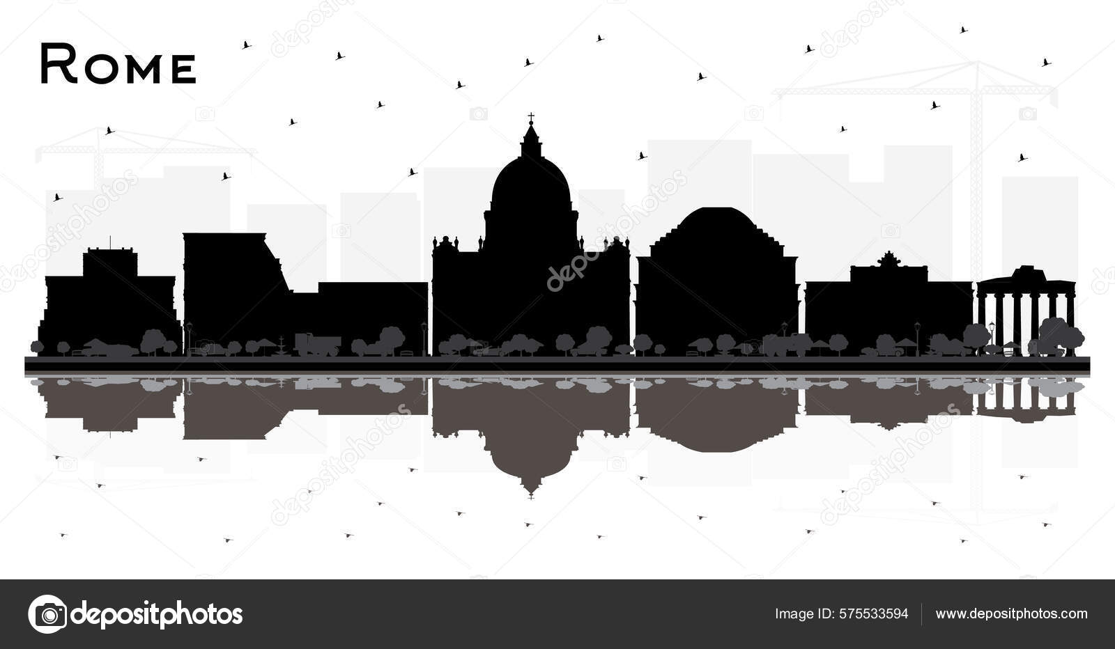 Rome Italy City Skyline Silhouette Black Buildings Reflections Isolated ...