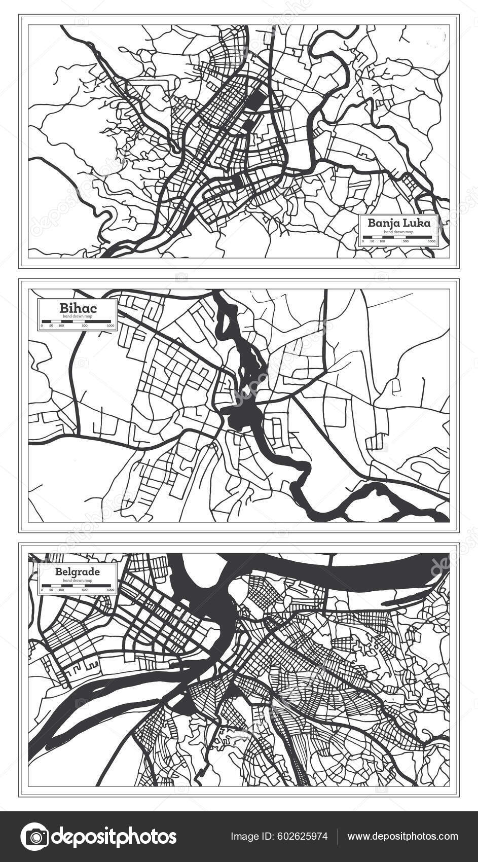 Belgrade Serbia Bihac Banja Luka Bosnia Herzegovina City Map Set Stock ...