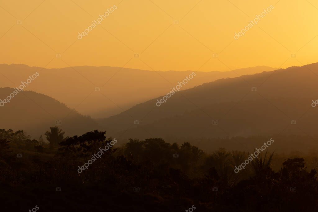 Landscape of the sunset mountains of Lore Lindu national park, near ...