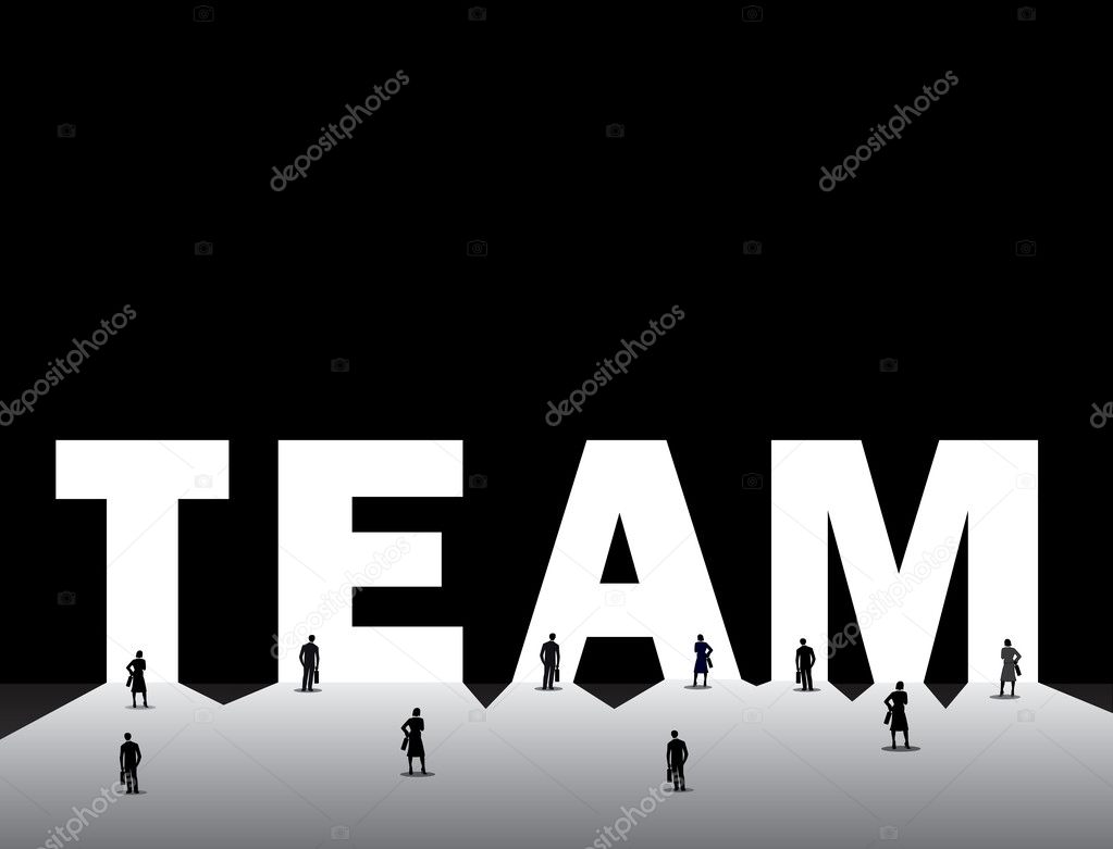 Business man & woman front of team text door teamwork concept ...