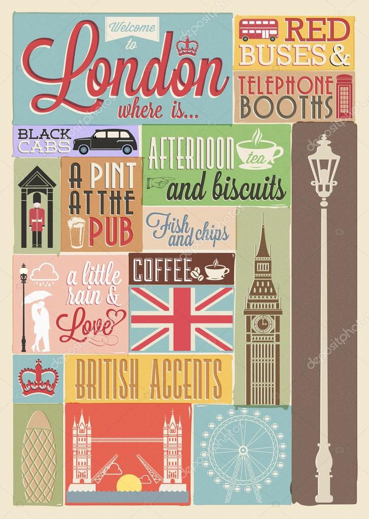 Retro style poster with London symbols and landmarks — Stock Photo ...
