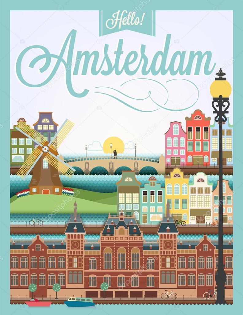Retro style poster with Amsterdam symbols and landmarks — Stock Photo ...