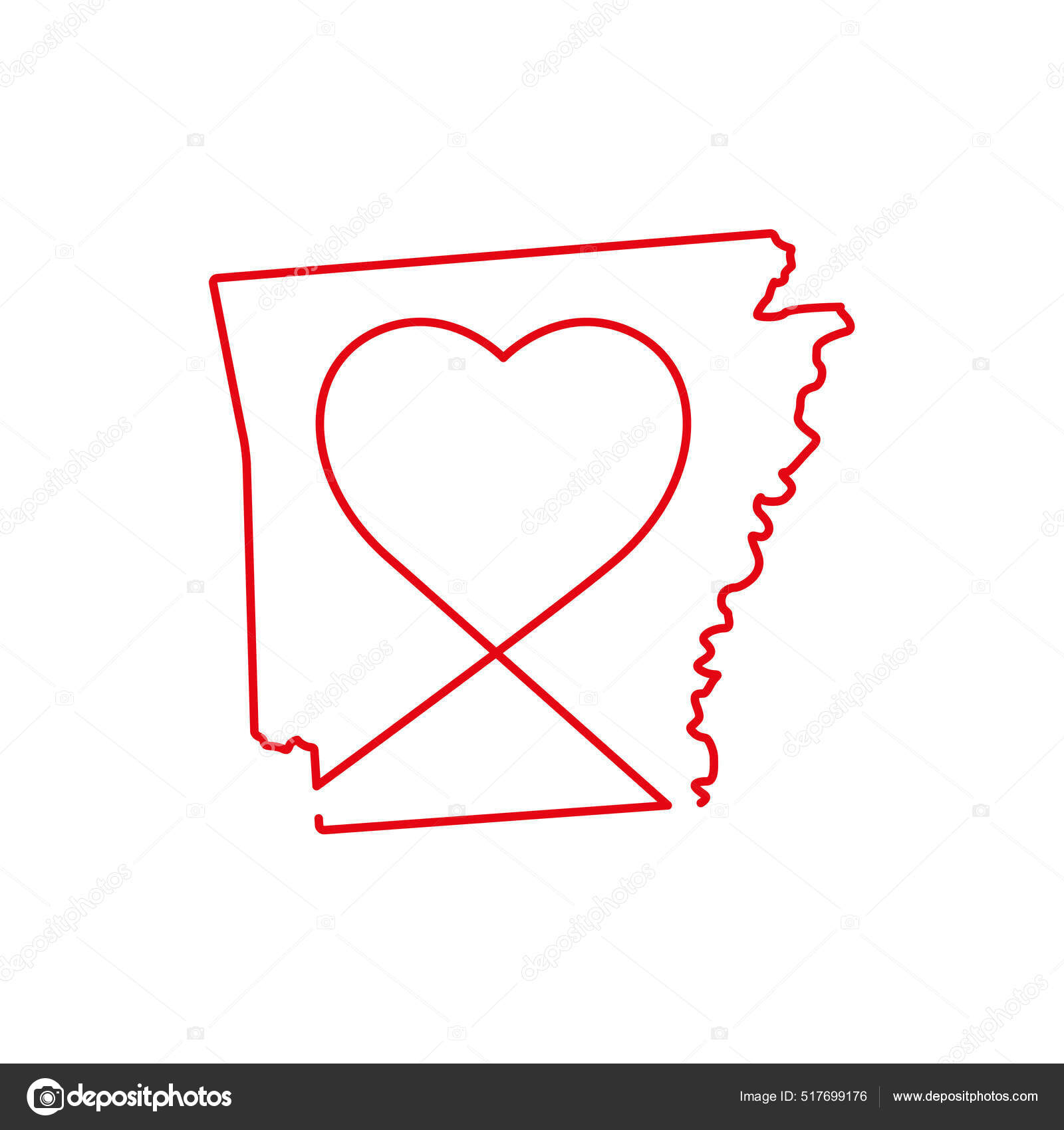 Arkansas State Red Outline Map Handwritten Heart Shape Continuous Line ...