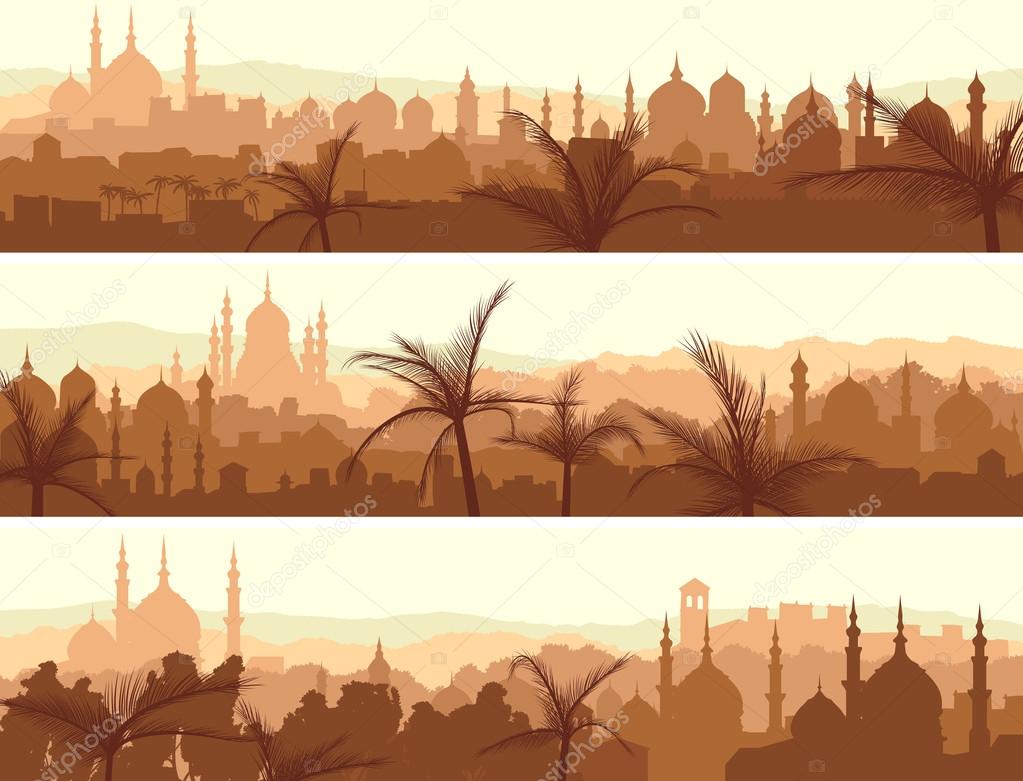 Horizontal banners of big arab city at sunset. Stock Vector Image by ...