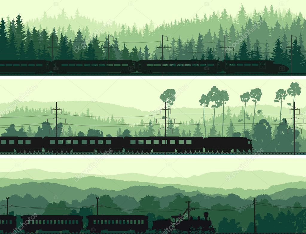 Horizontal banners of locomotive, train and hills coniferous woo Stock ...