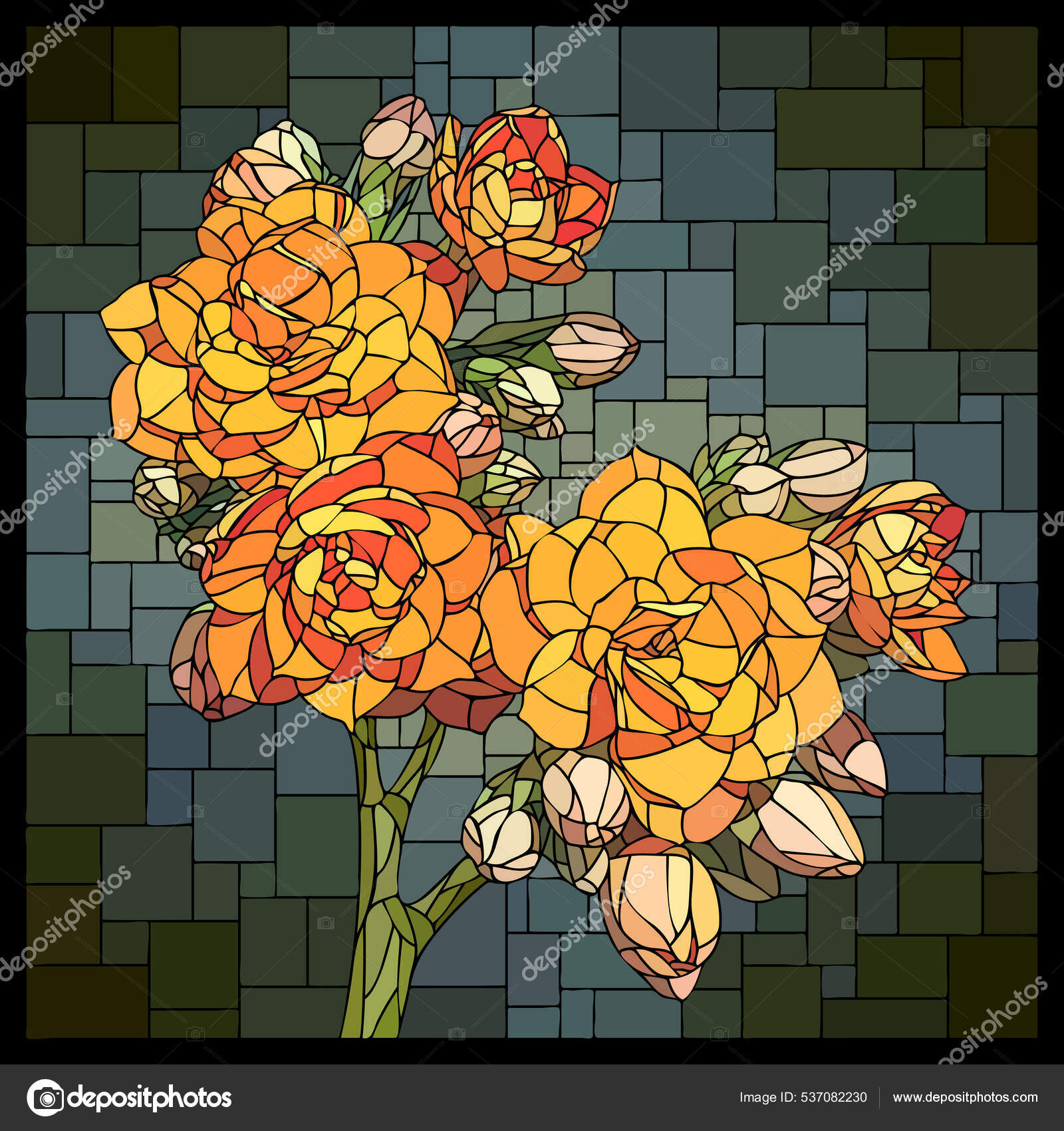 Vector Square Mosaic Blooming Orange Kalanchoe Flowers Stained Glass ...