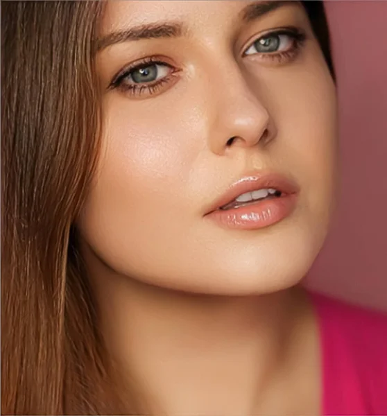 Beauty, makeup and skincare cosmetics model face portrait on pink ...
