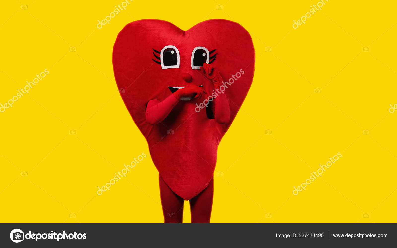 Person Red Heart Costume Touching Cartoon Eyes While Imitating Crying ...