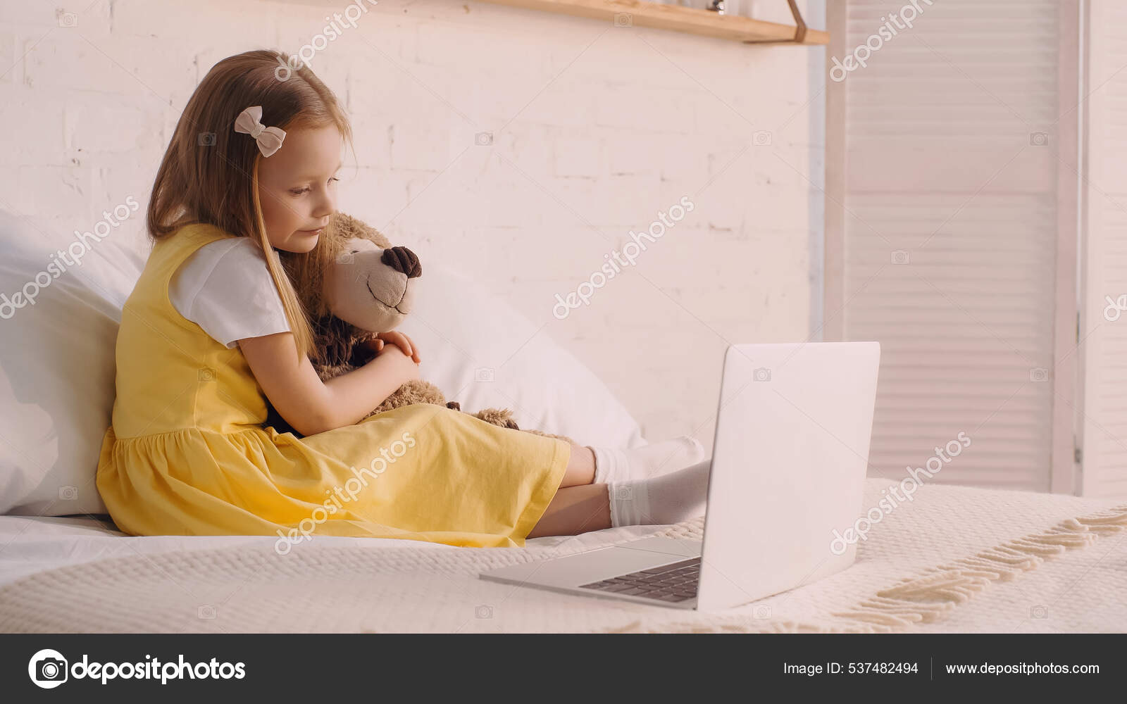 Preschooler Child Hugging Soft Toy Laptop Bed Home — Stock Photo ...