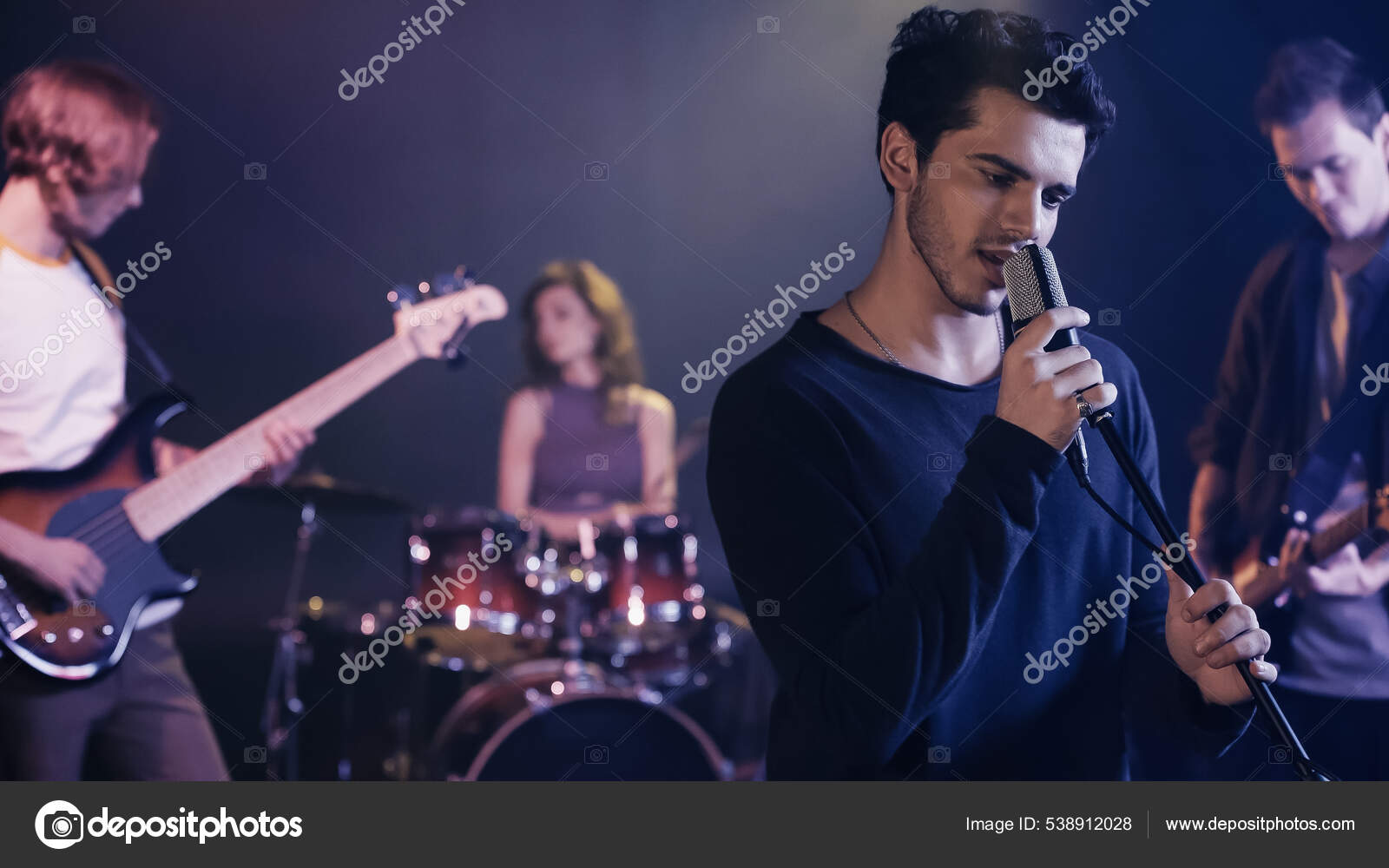 Young Singer Performing Song Blurred Music Band — Stock Photo ...