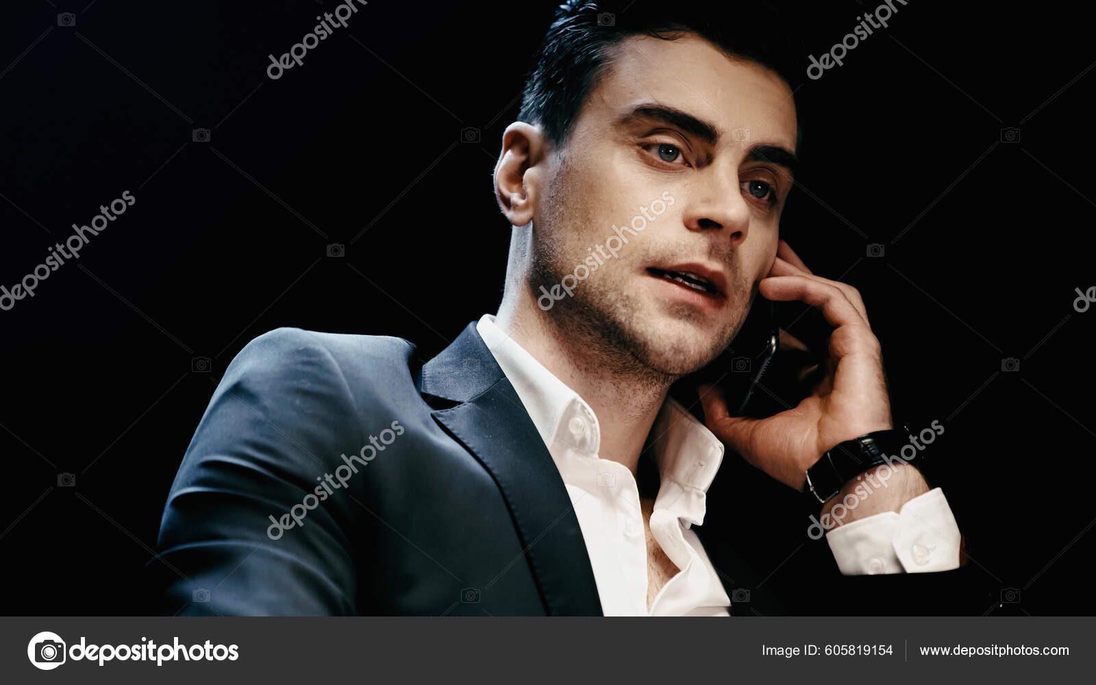 Businessman Suit Talking Mobile Phone Isolated Black Stock Photo by ...