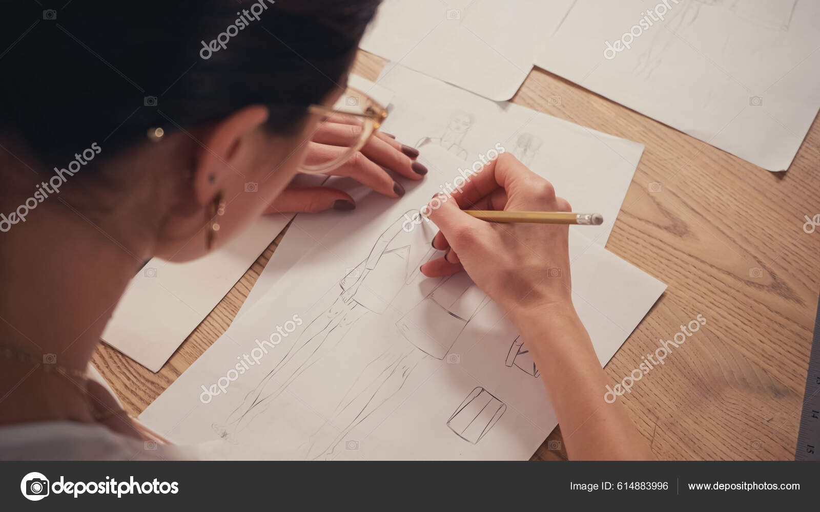 Top View Designer Drawing Sketches Atelier — Stock Photo ...