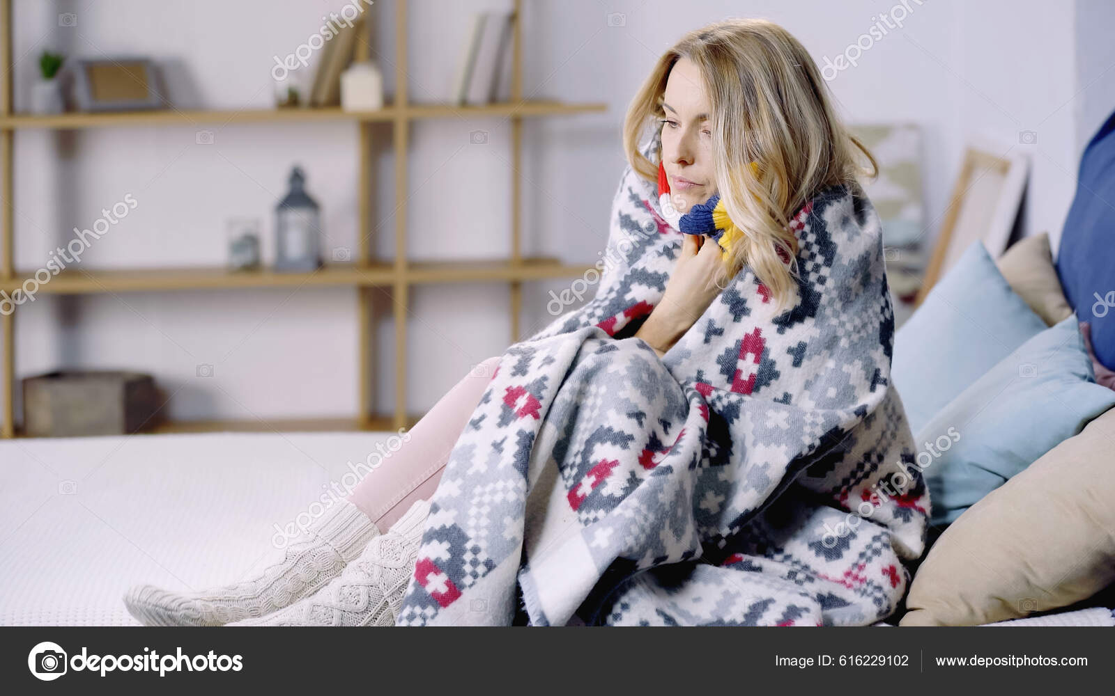 Sick Sad Woman Sitting Bed Colorful Blanket Stock Photo by ...