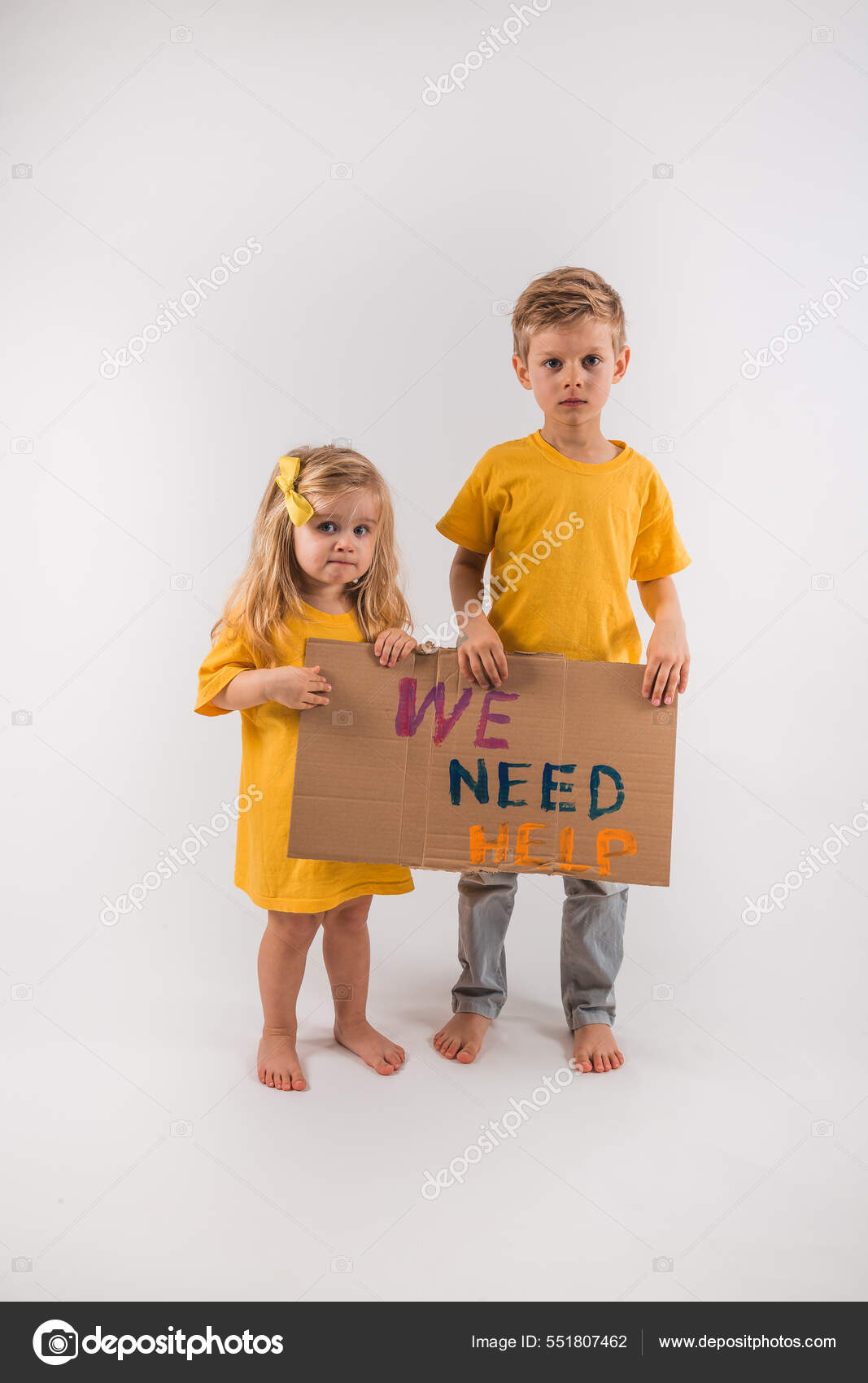 Need Help Sign Unhappy Kids Boy Girl Holding Paper Wit Stock Photo by ...