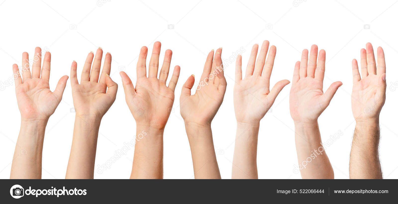 Group of people raised hands up as an approval, awerness or ...