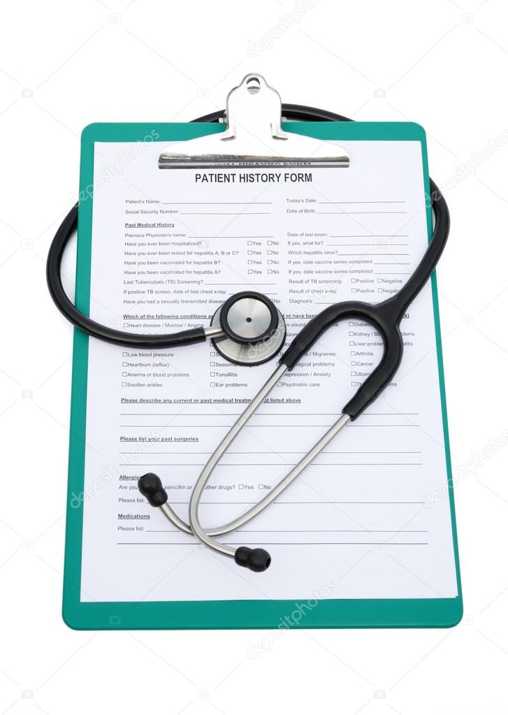 Patient history form and stethoscope with clipping path, medical ...