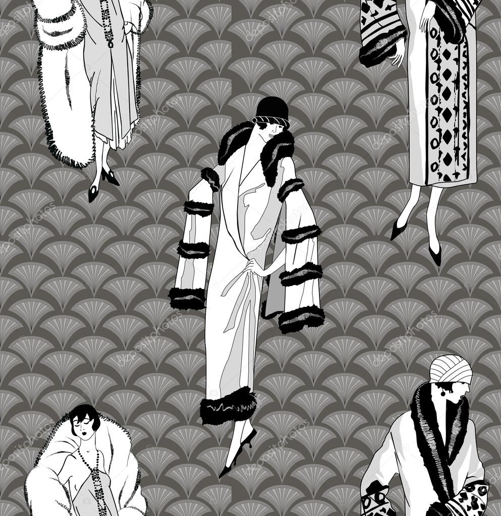 Flapper girls (20's style) seamless pattern: Retro fashion party ...