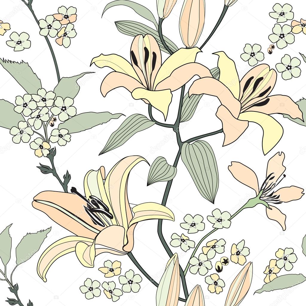 Gentle flower lily seamless background. Stylish chinese floral pattern ...