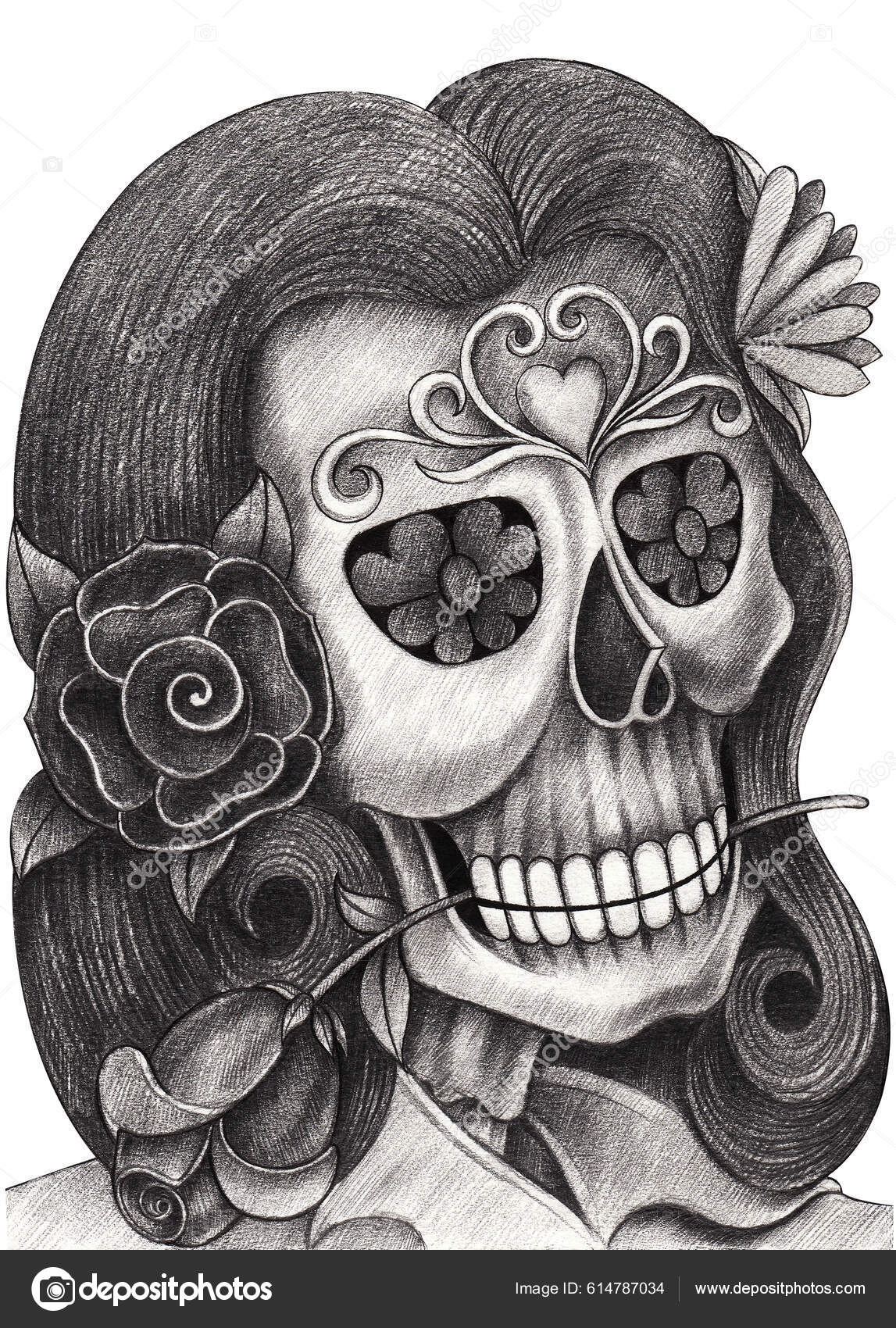 Art Woman Skull Day Dead Hand Drawing Paper Stock Illustration by ...