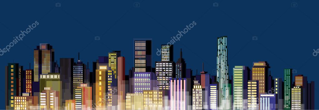 Vector of night city skyline, without gradients and transparency. Stock ...