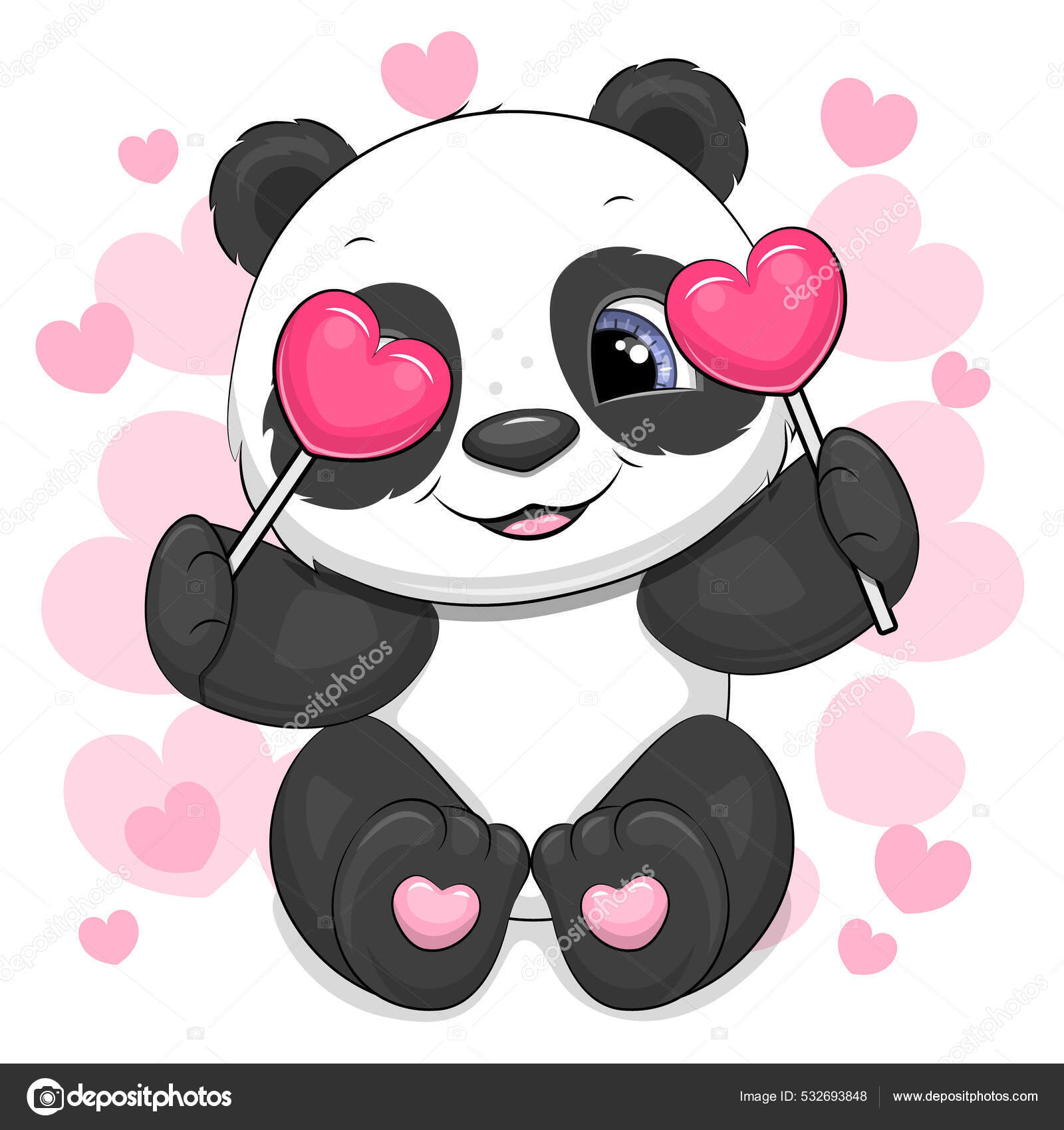 Cute Cartoon Panda Hearts Vector Illustration Animal Pink Background ...
