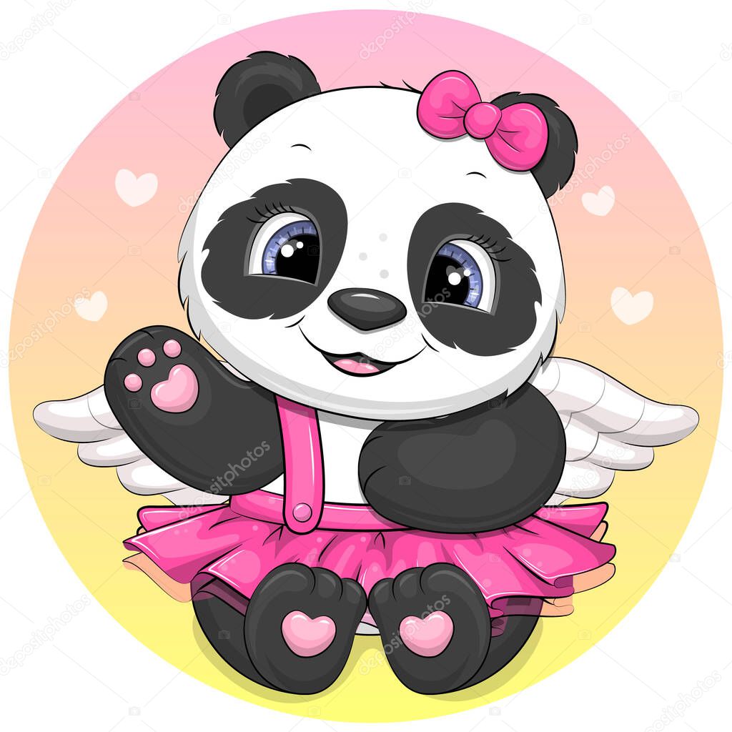 Lindo panda de dibujos animados con lazo rosa, falda y alas blancas ...