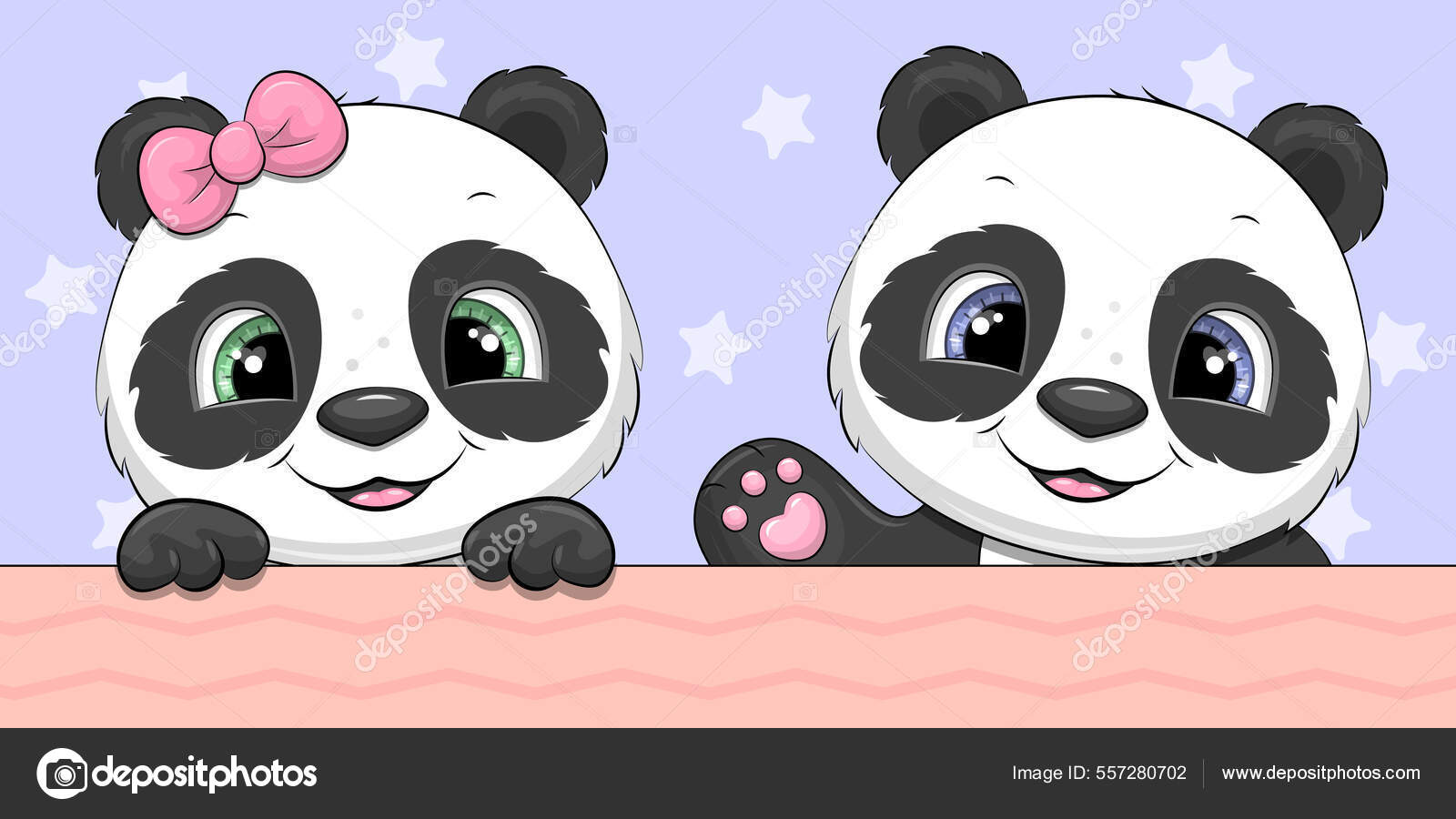 Cute Cartoon Panda Couple Vector Illustration Animals Blue Background ...