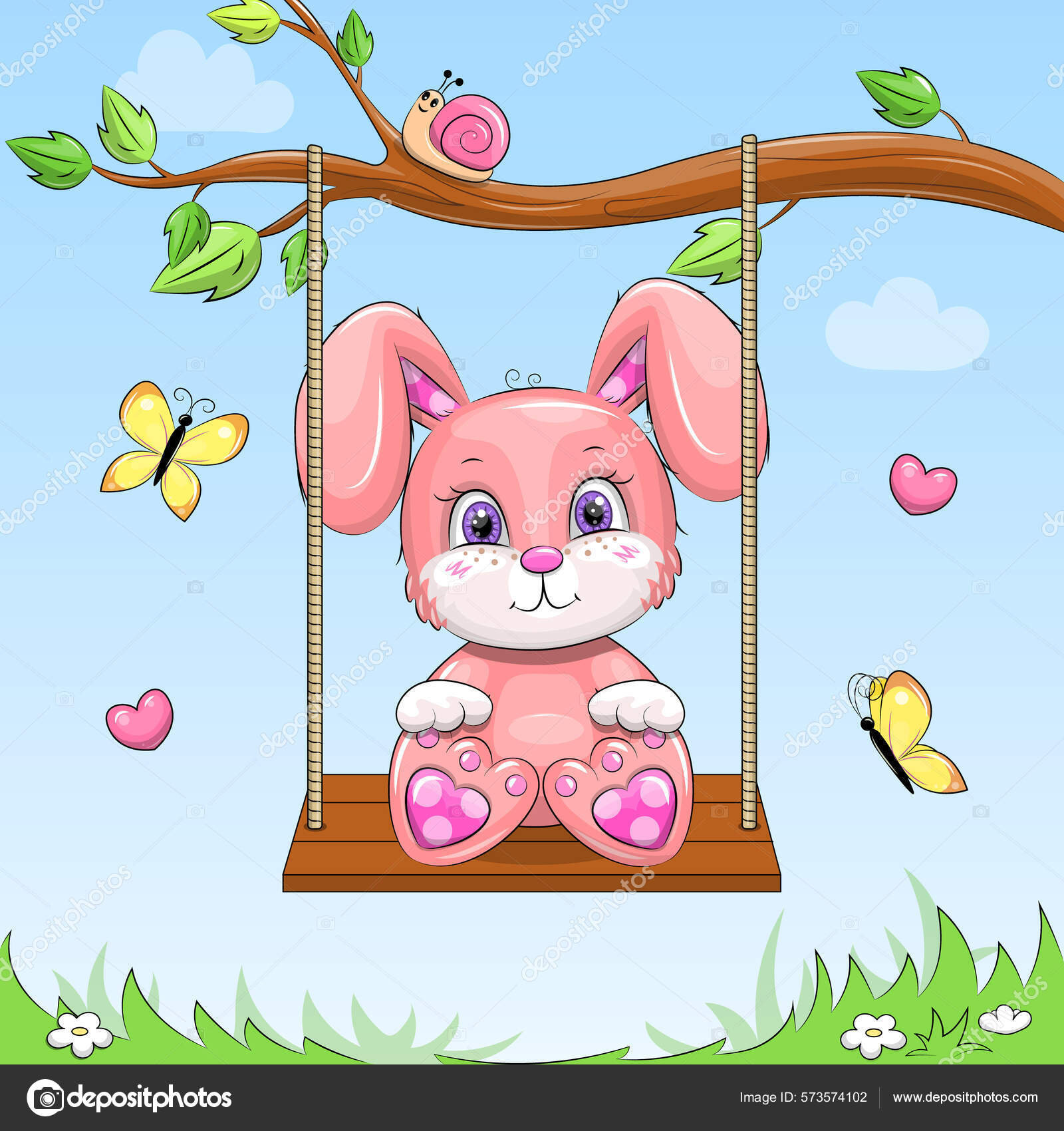 Cute Cartoon Pink Bunny Swing Vector Illustration Animal Blue ...