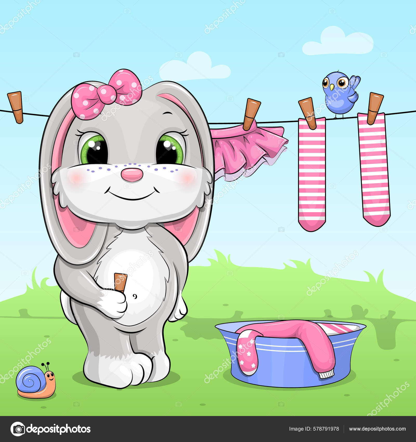 Cute Cartoon Bunny Girl Hangs Laundry Vector Illustration Animal Pink Stock Vector Image by ...