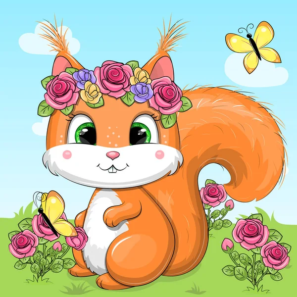 Roztomilá Kreslená Veverka Přírodě Vektorová Ilustrace Zvířetem Stock ...