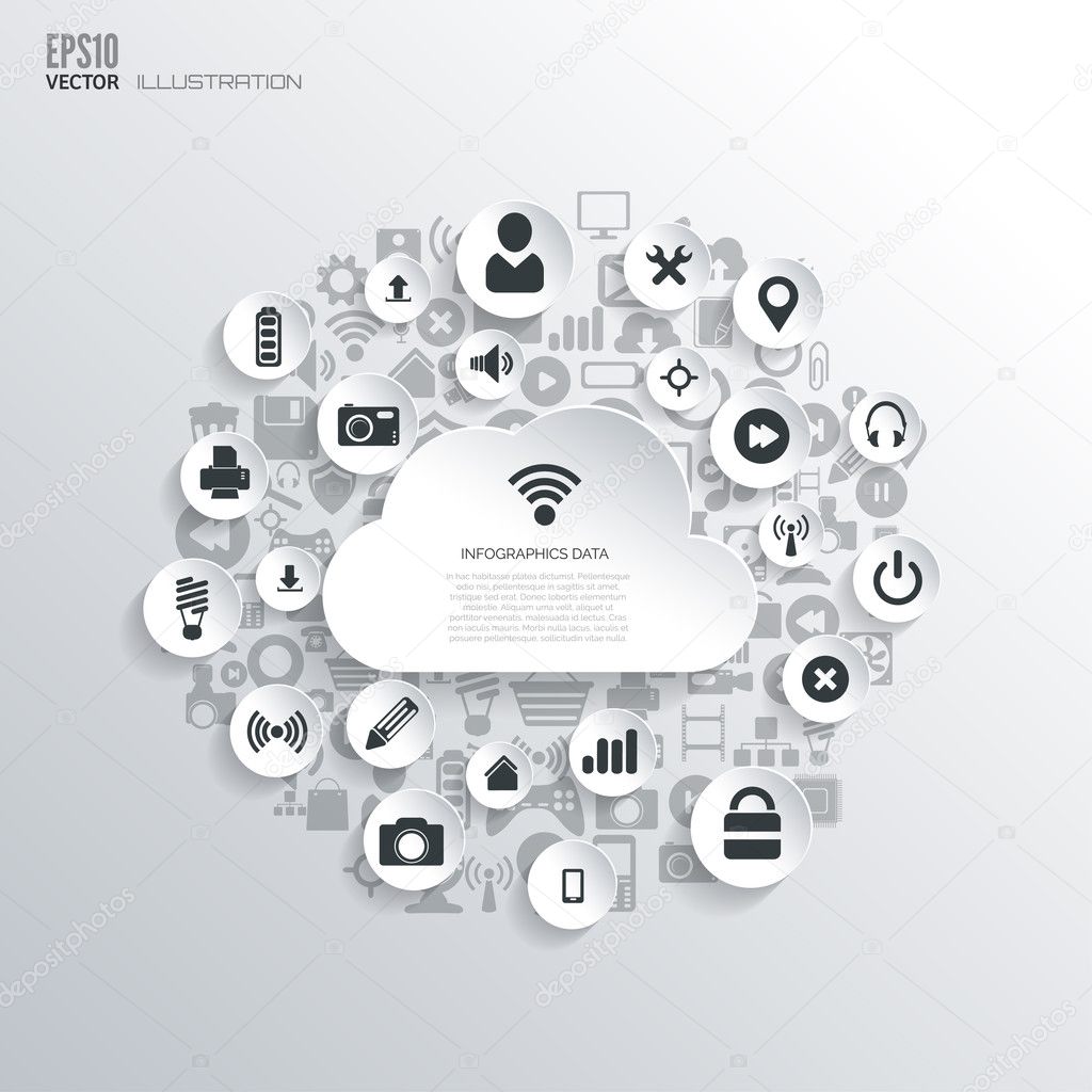 Flat abstract background with web icons. Interface symbols. Cloud computing. Mobile devices ...