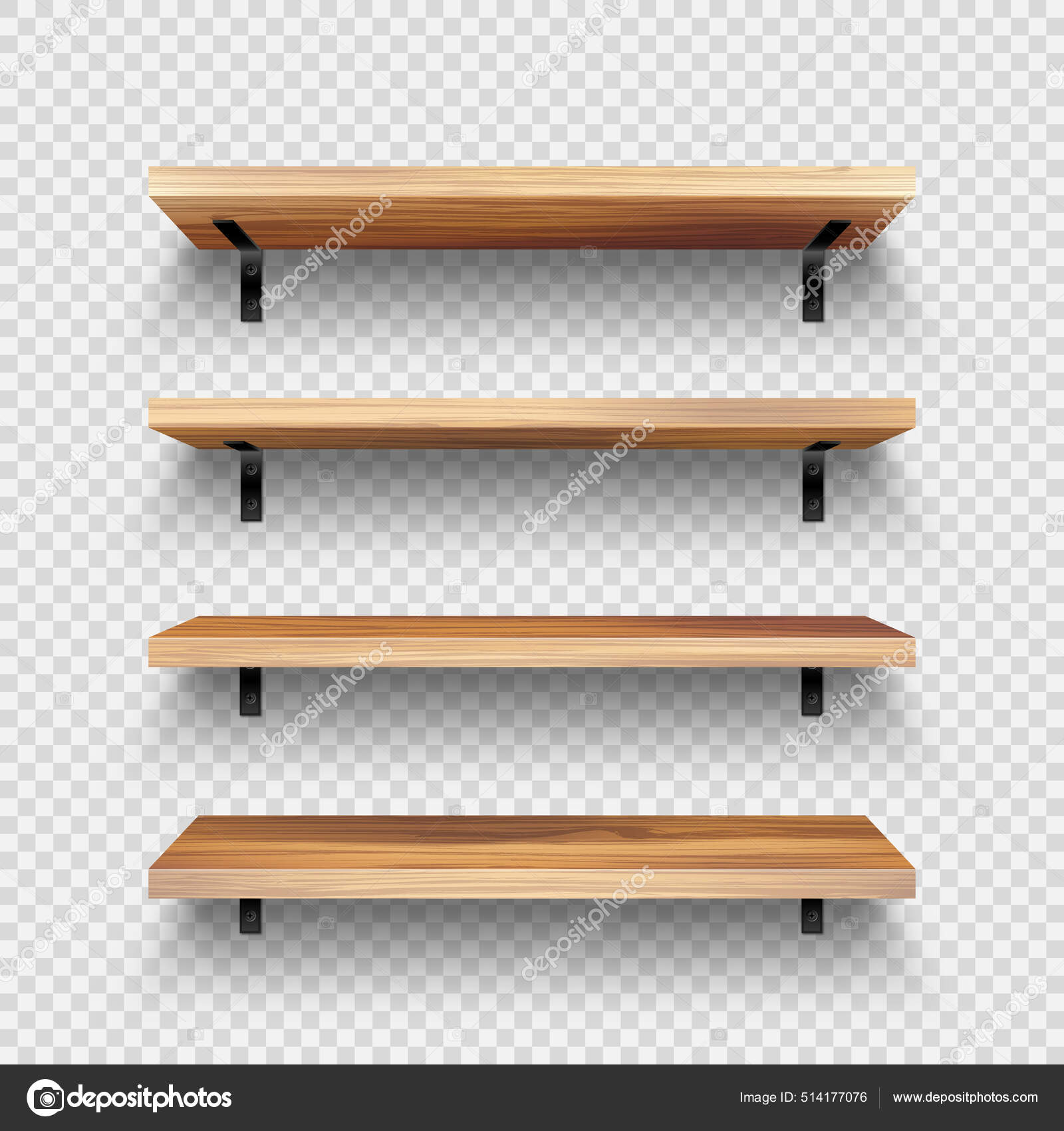 Realistic empty wooden store shelves set. Product shelf with wood ...