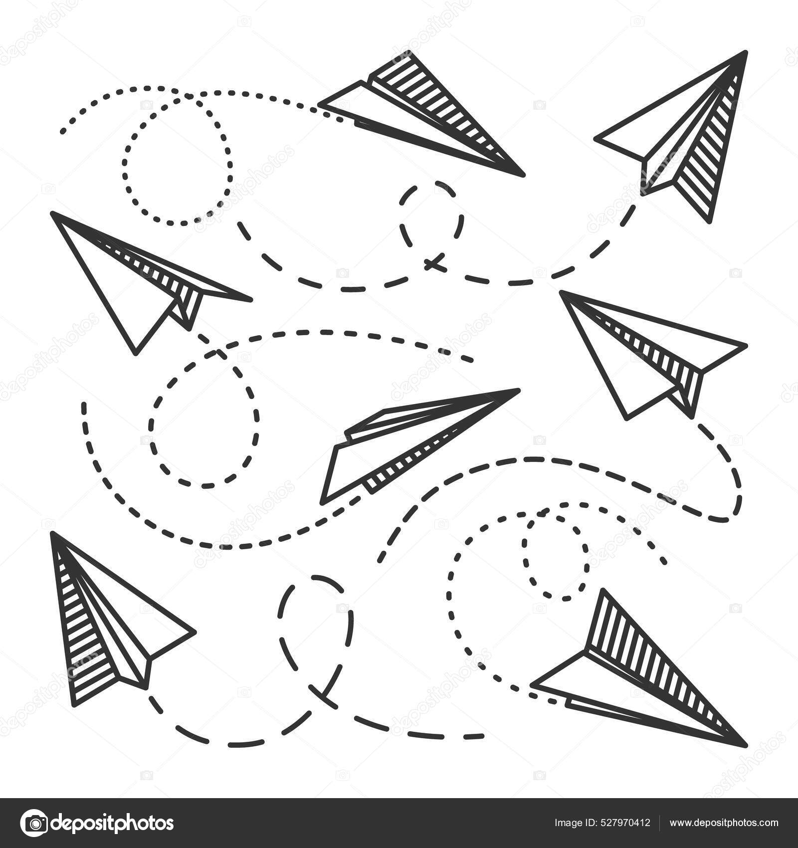 Various hand drawn paper planes. Black doodle airplanes with dotted ...