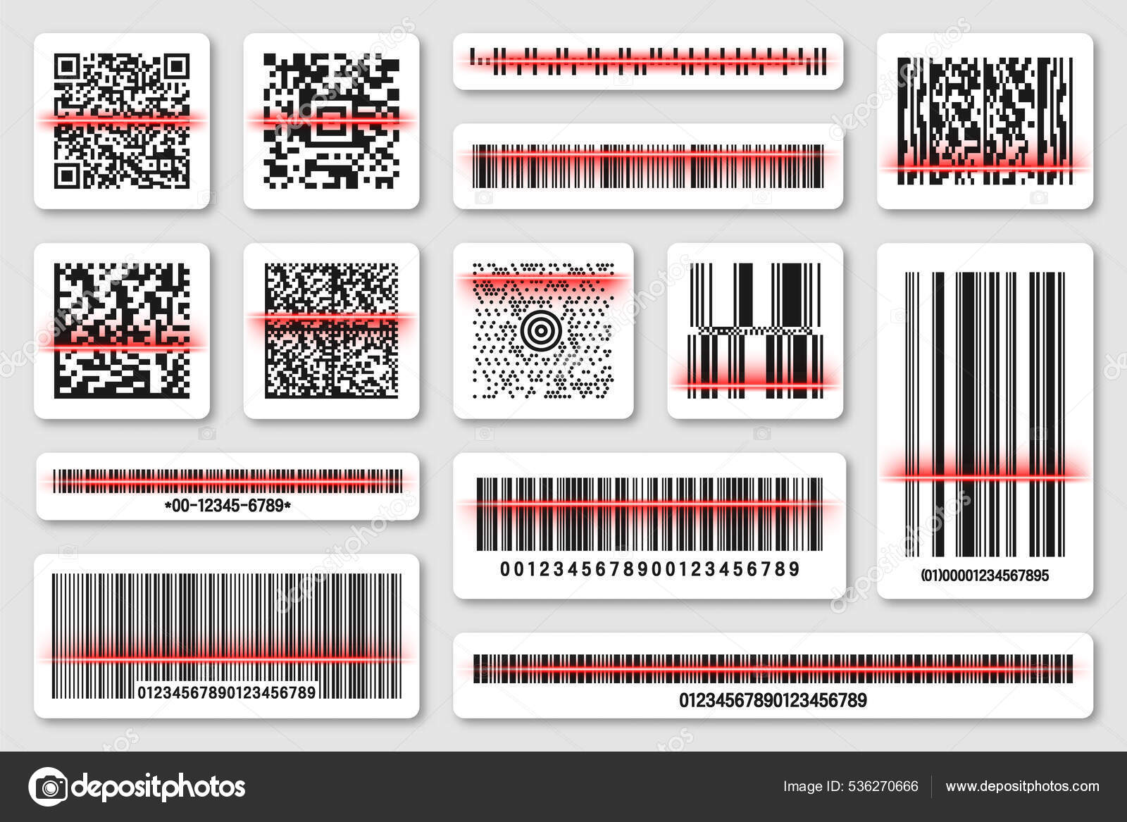 Product barcodes and QR codes with red scanning line. Identification ...