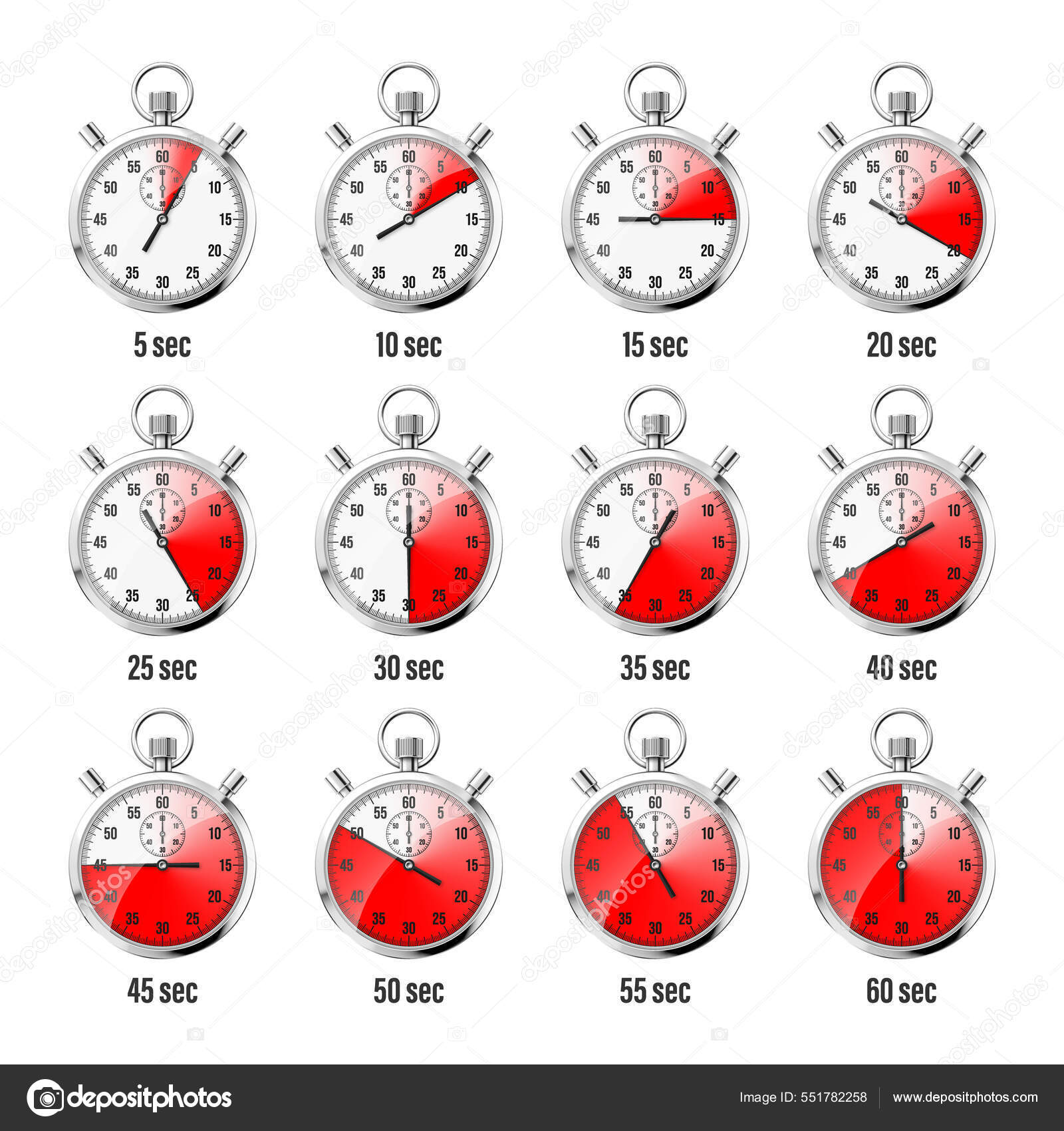 Realistic classic stopwatch icons. Shiny metal chronometer, time ...