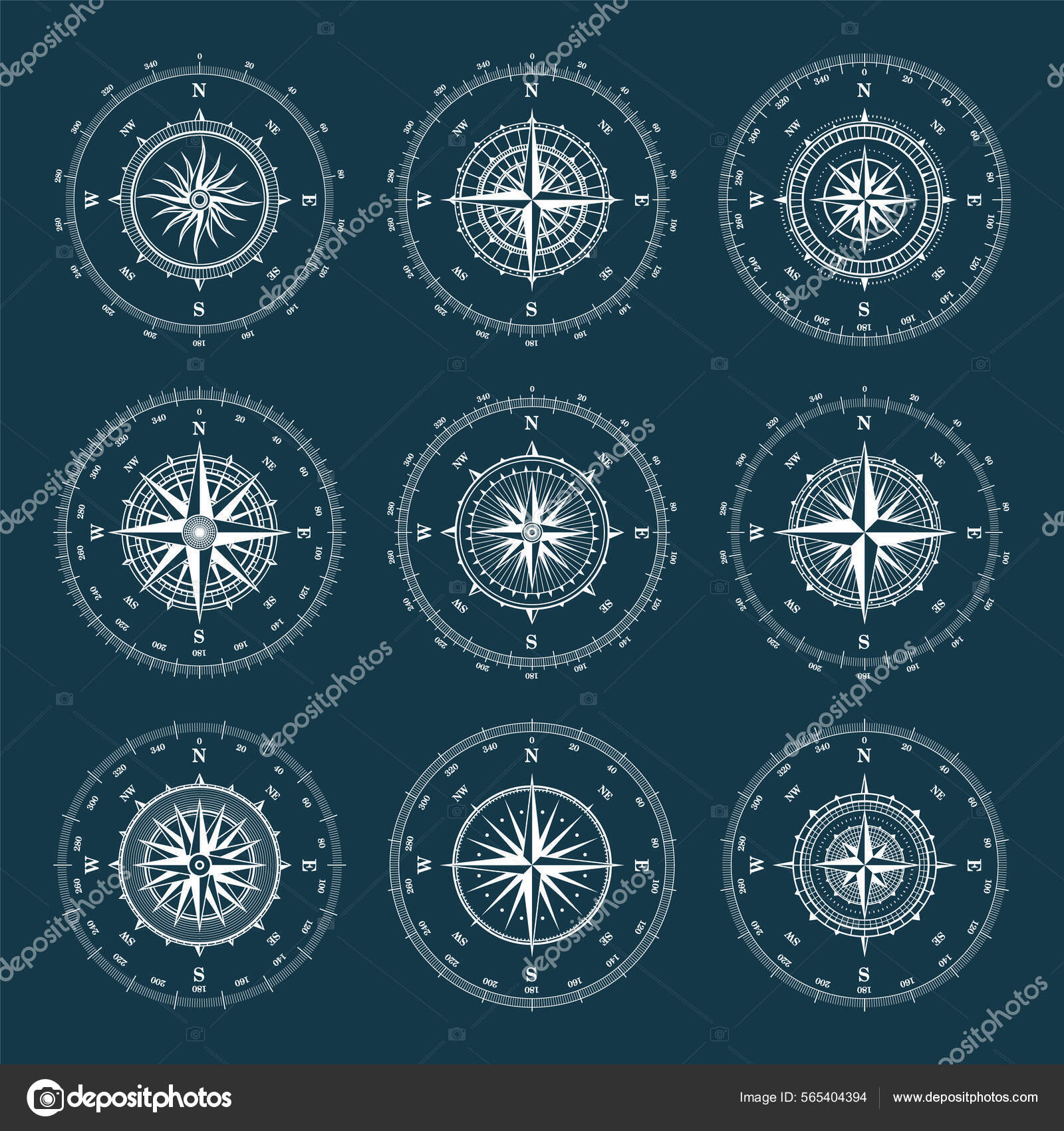 Wind Rose Compass With Degrees Wind Rose Compass.Vector Illustration