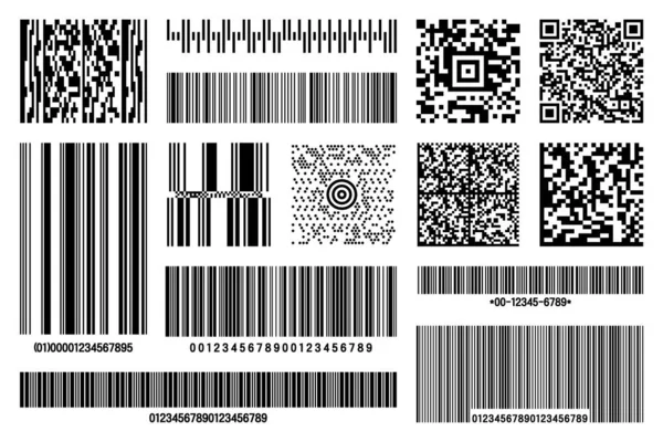 Product barcodes and QR codes with red scanning line. Identification ...