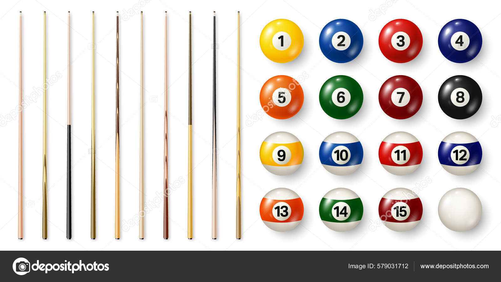 Colorful Billiard Balls Numbers Various Pool Cues Glossy Snooker Ball ...